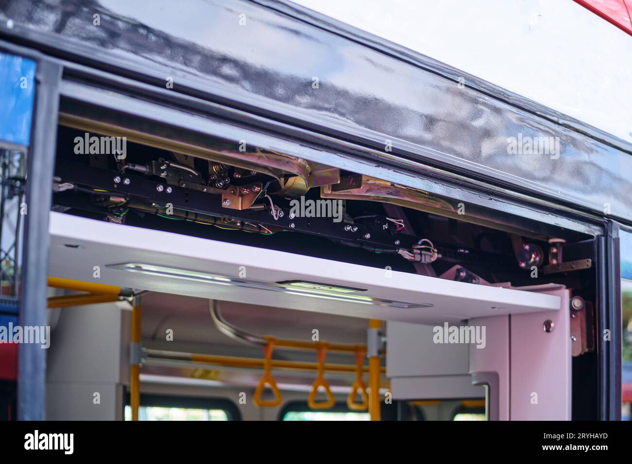 The mechanism of closing and opening doors in a subway train car/ Close ... The mechanism of closing and opening doors in a subway train car/ Close ...