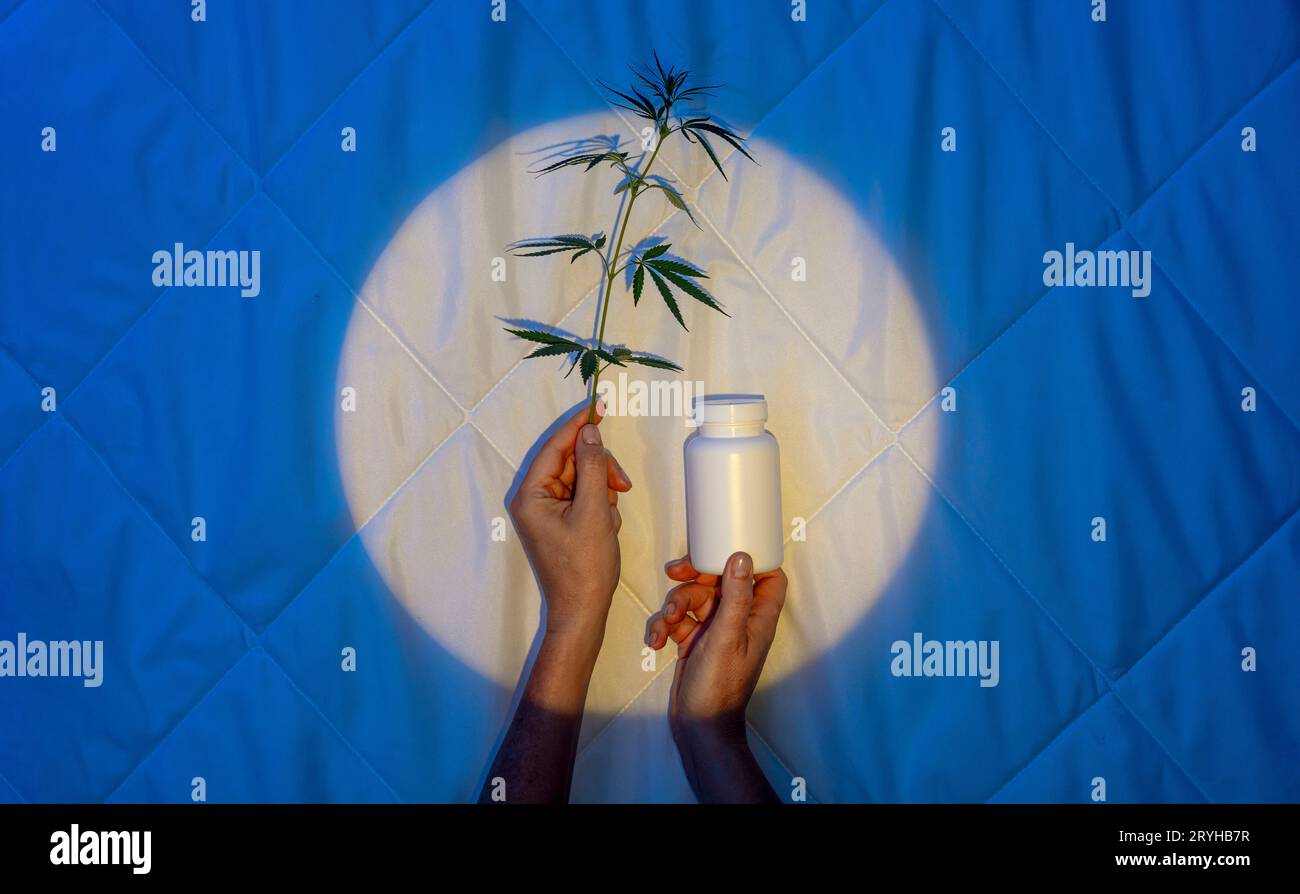 Sleeping capsule with a branch of cannabis, hand in moonlight on a ...