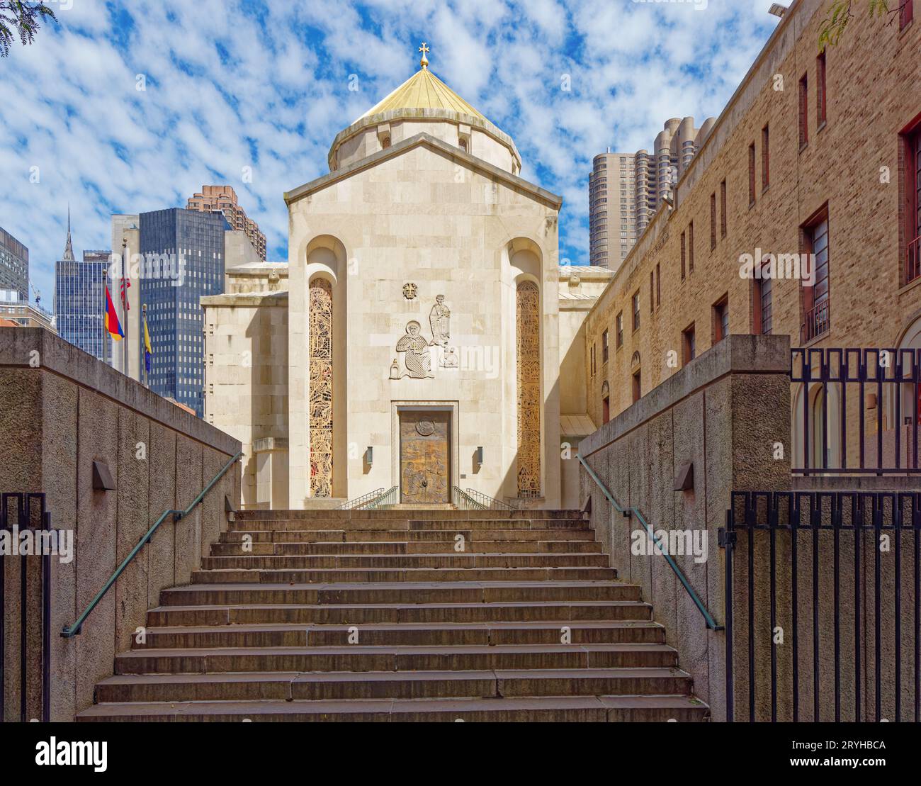 Gold-domed St. Vartan Armenian Apostolic Cathedral rises from a raised ...