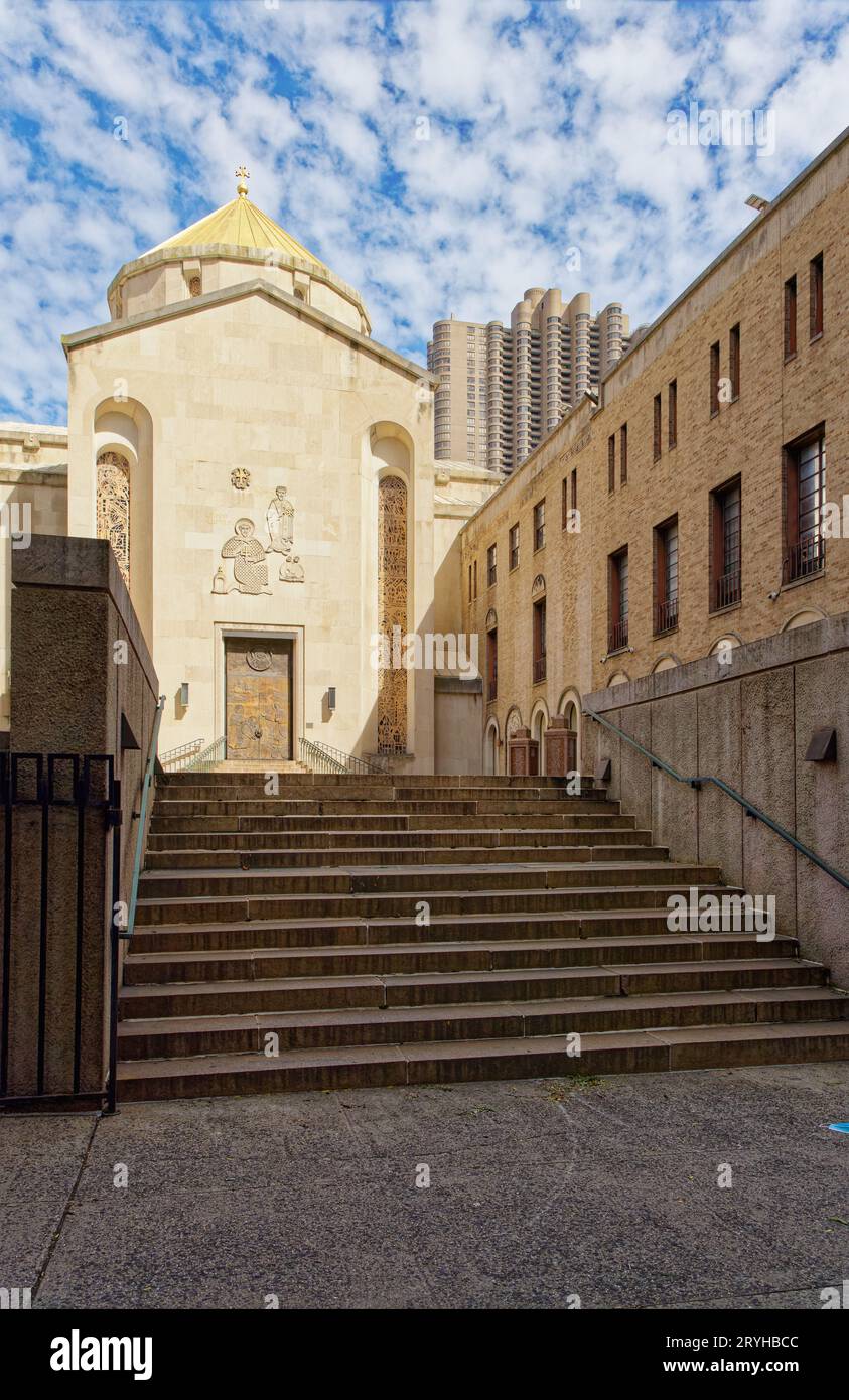Gold-domed St. Vartan Armenian Apostolic Cathedral rises from a raised ...
