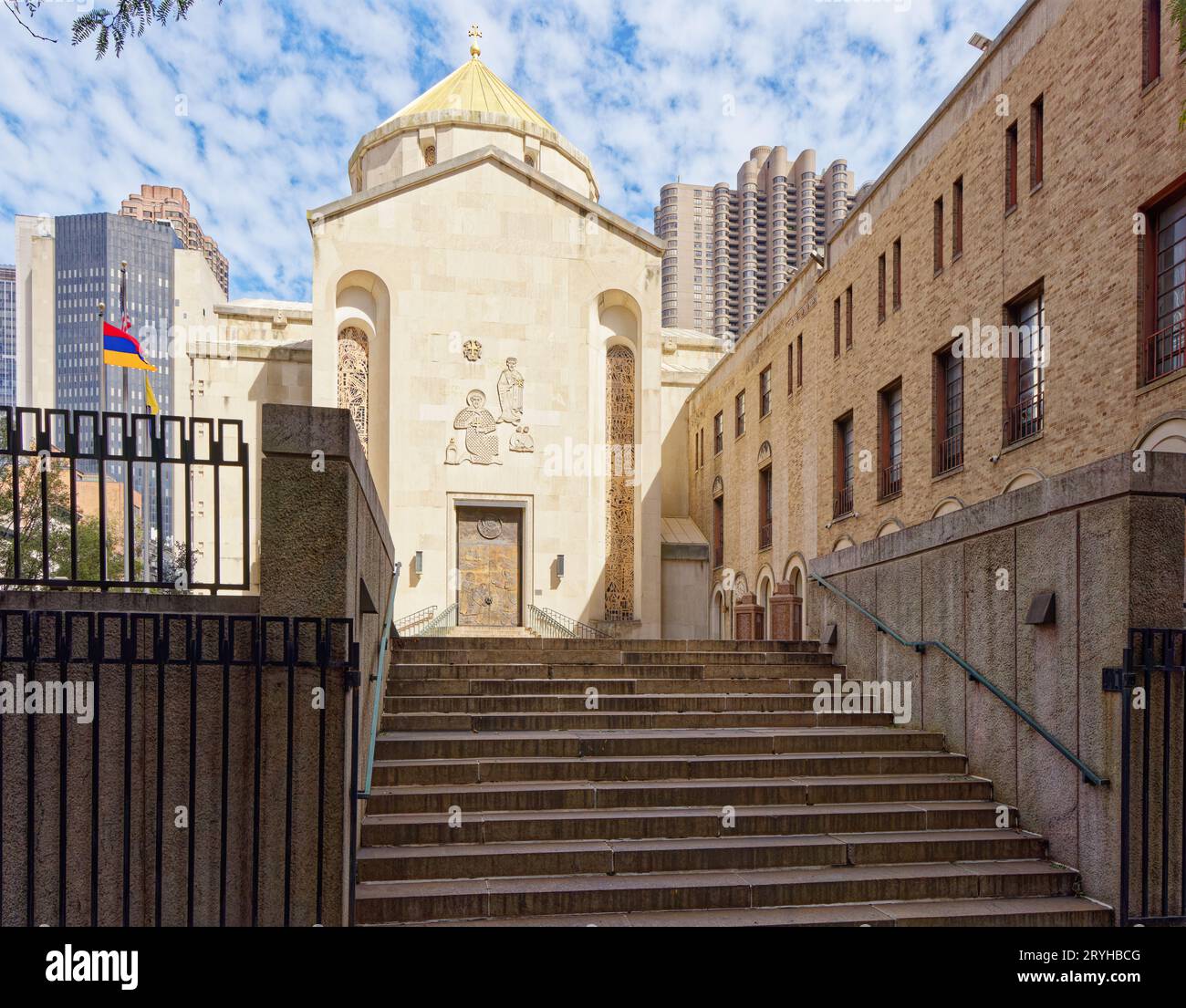 Gold-domed St. Vartan Armenian Apostolic Cathedral rises from a raised ...