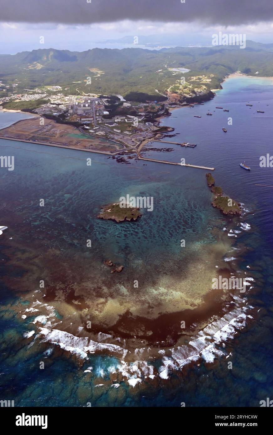 An aerial photo shows Henoko and Oura Bay in Nago, Okinawa Prefecture ...