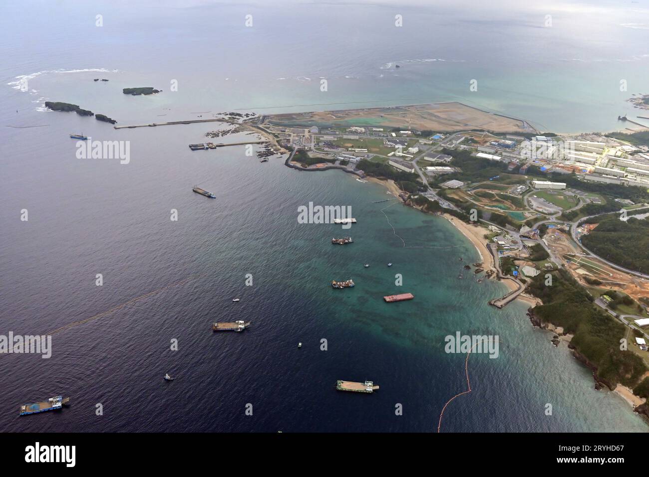 An aerial photo shows Henoko and Oura Bay in Nago, Okinawa Prefecture ...