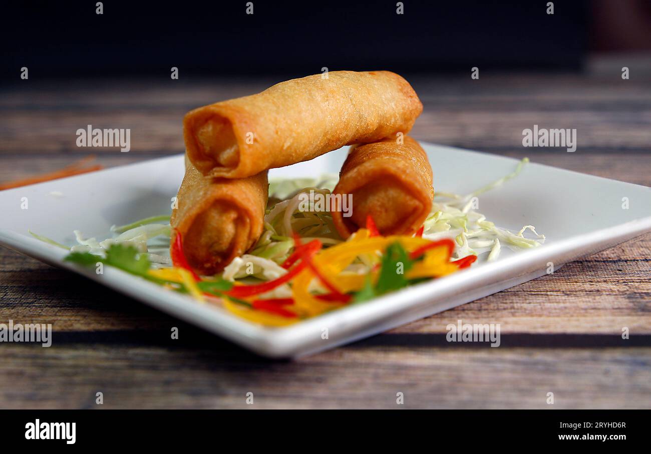 Vegetables and Chicken Spring Rolls Appetizer Stock Photo - Alamy
