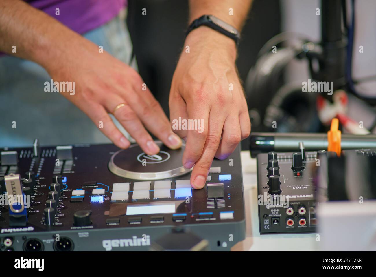 DJ hands on turntable Gemini for mixing music in the nightclub - Moscow ...