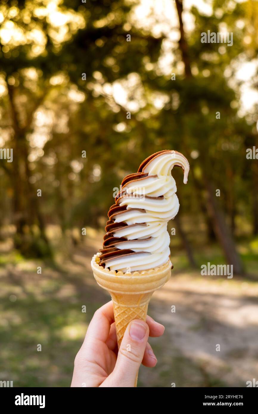 Female Hand Holding Delicious American Vanilla Chocolate Ice Cream