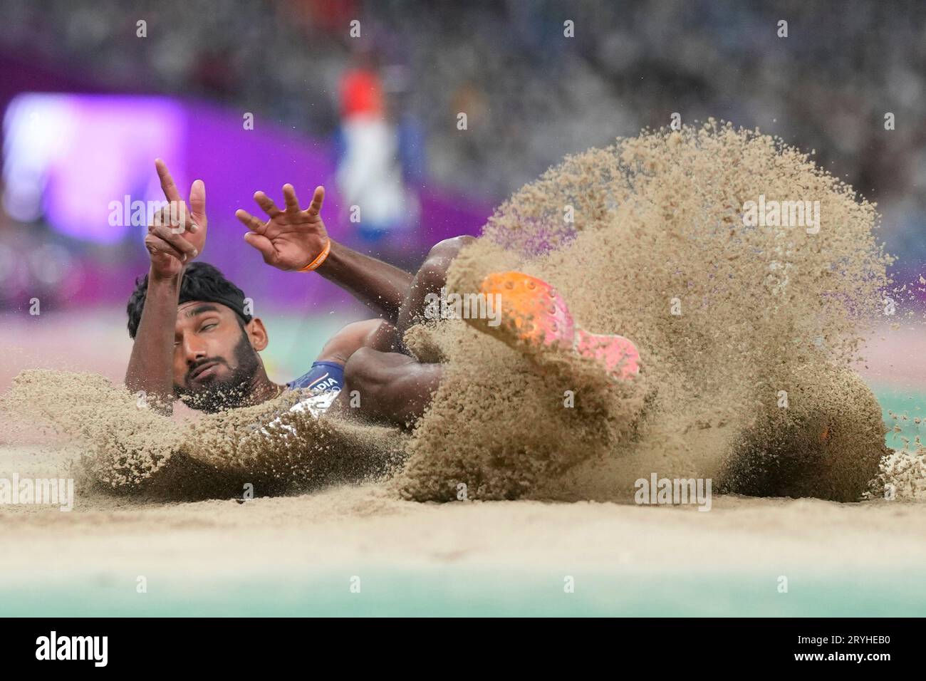India's Jeswin Aldrin Johnson competes during the men's long jump final ...