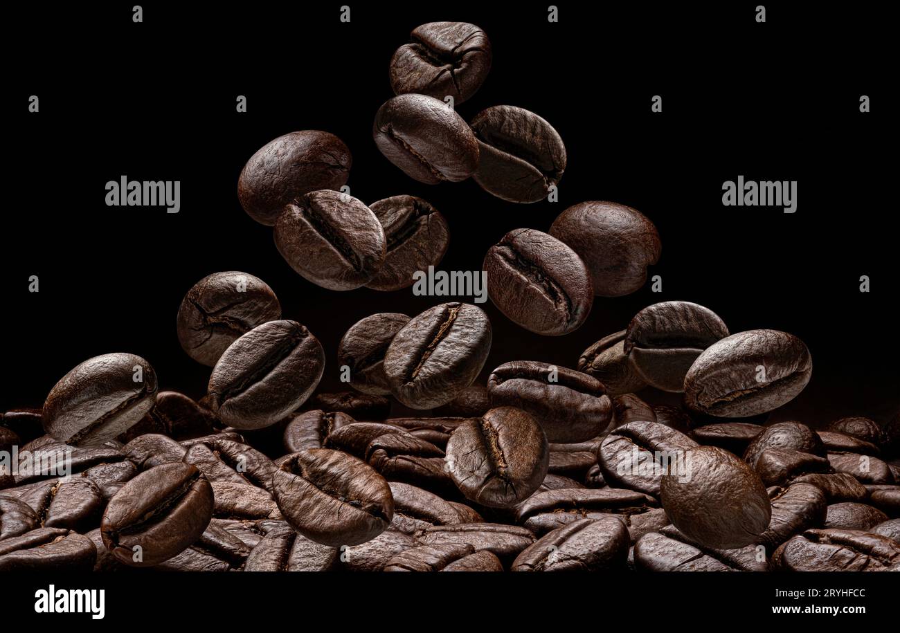 Falling coffee beans on black background, full depth of field Stock ...