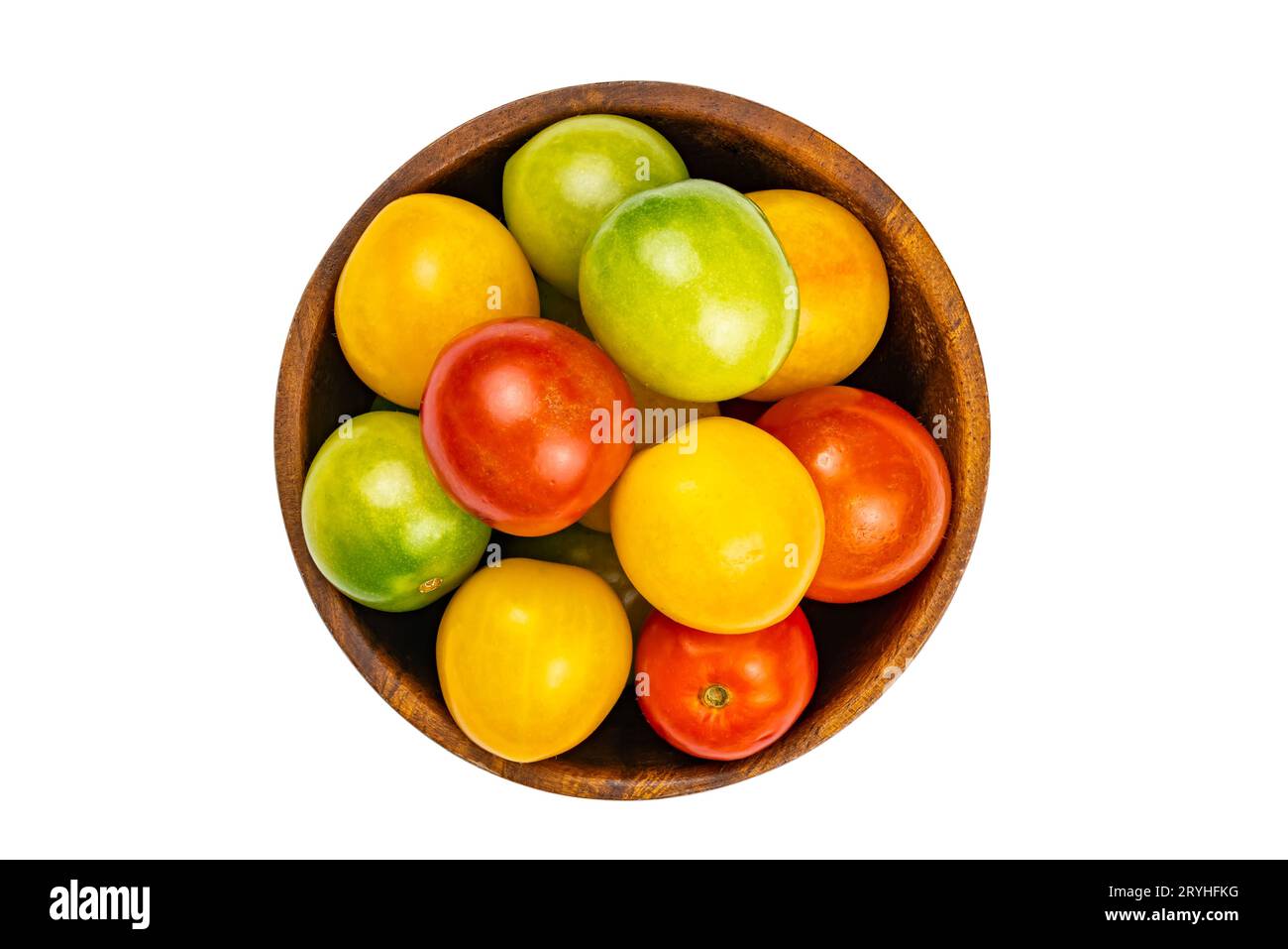 Top view of colorful ripe cherry tomatoes in wooden bowl isolated on white background Stock ...
