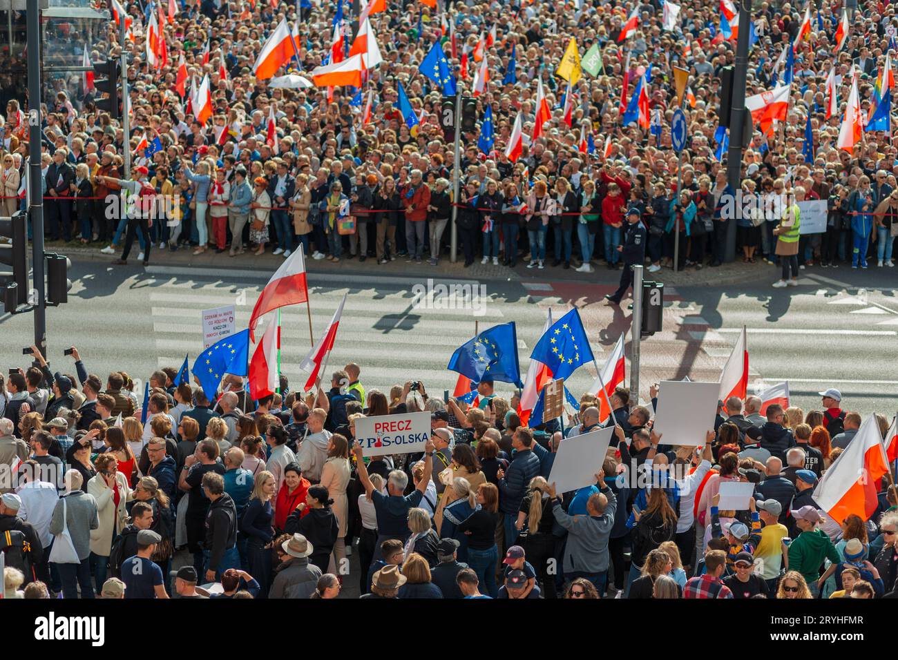 Warszawa, Poland - 1.10.2023: Crowd of people with Polish flags at a ...