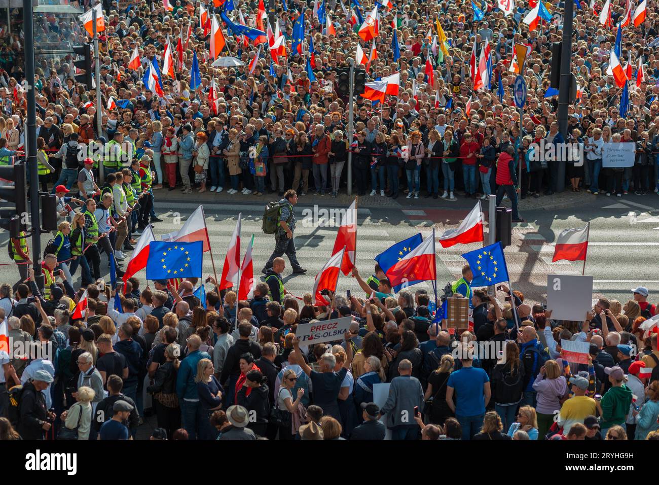 Warszawa, Poland - 1.10.2023: Crowd of people with Polish flags at a ...