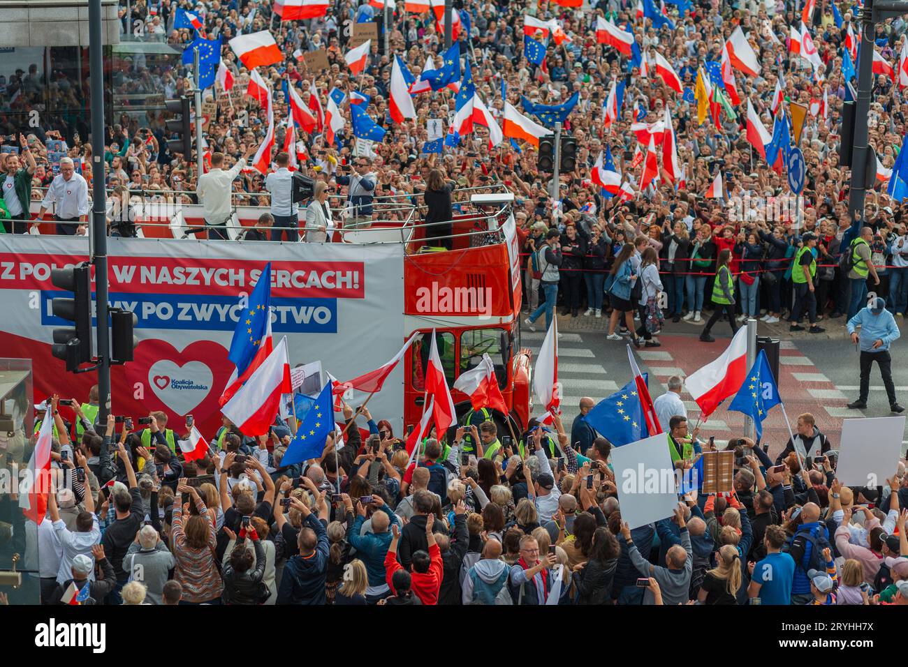 Warszawa, Poland - 1.10.2023: Crowd of people with Polish flags at a ...
