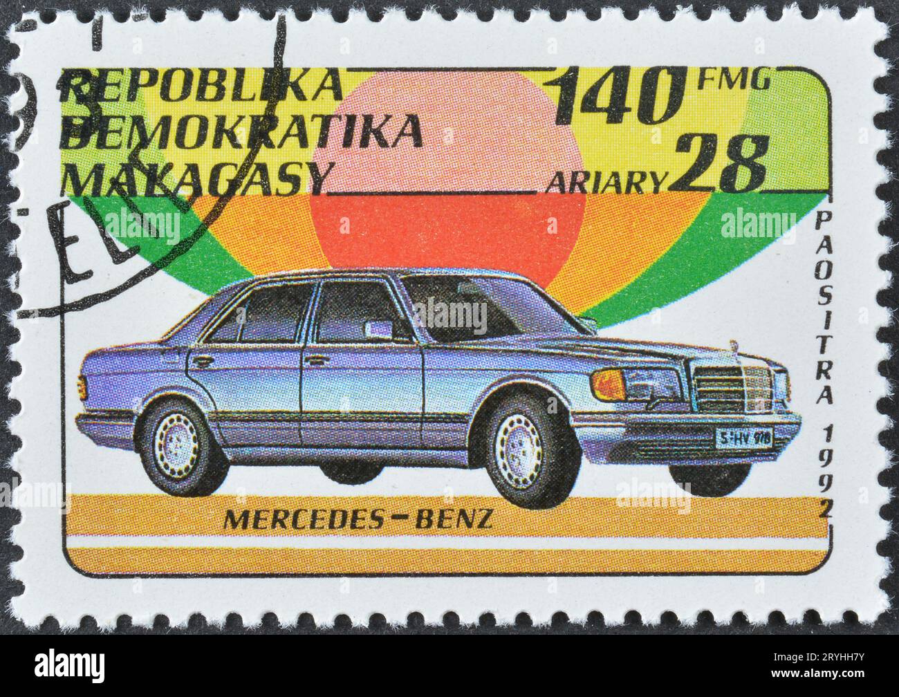 Cancelled postage stamp printed by Madagascar, that shows Mercedes Benz ...