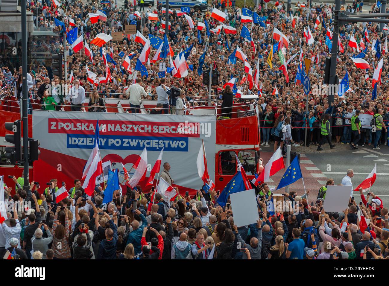 Warszawa, Poland - 1.10.2023: Crowd of people with Polish flags at a ...