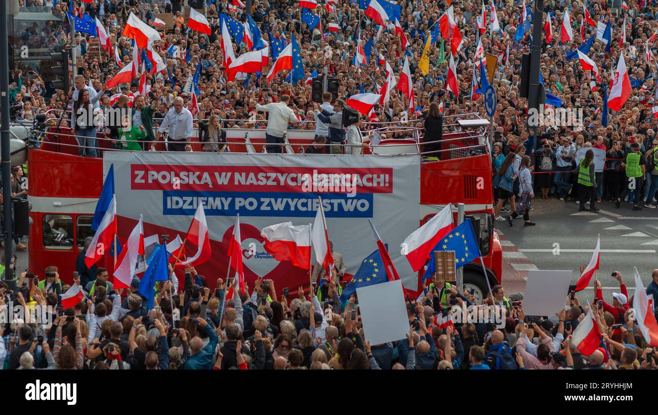 Warszawa, Poland - 1.10.2023: Crowd of people with Polish flags at a ...