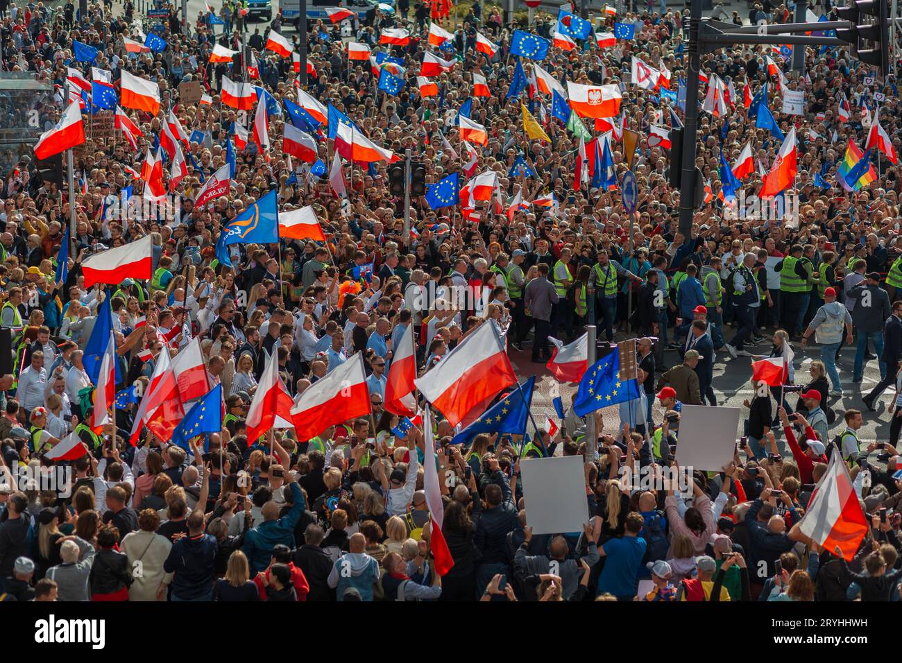 Warszawa, Poland - 1.10.2023: Crowd of people with Polish flags at a ...