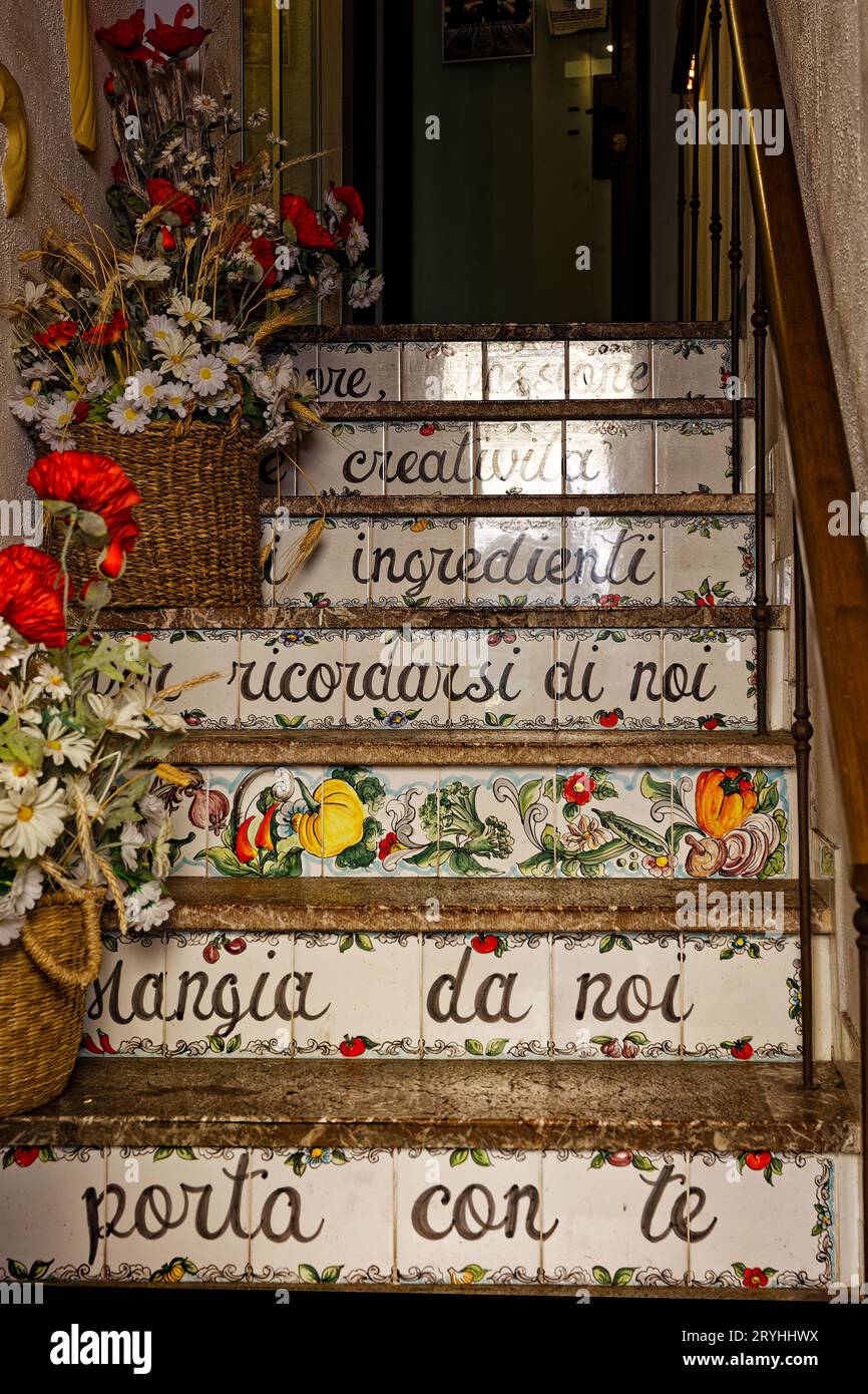 Tiled staircase Sicily with writing Stock Photo - Alamy