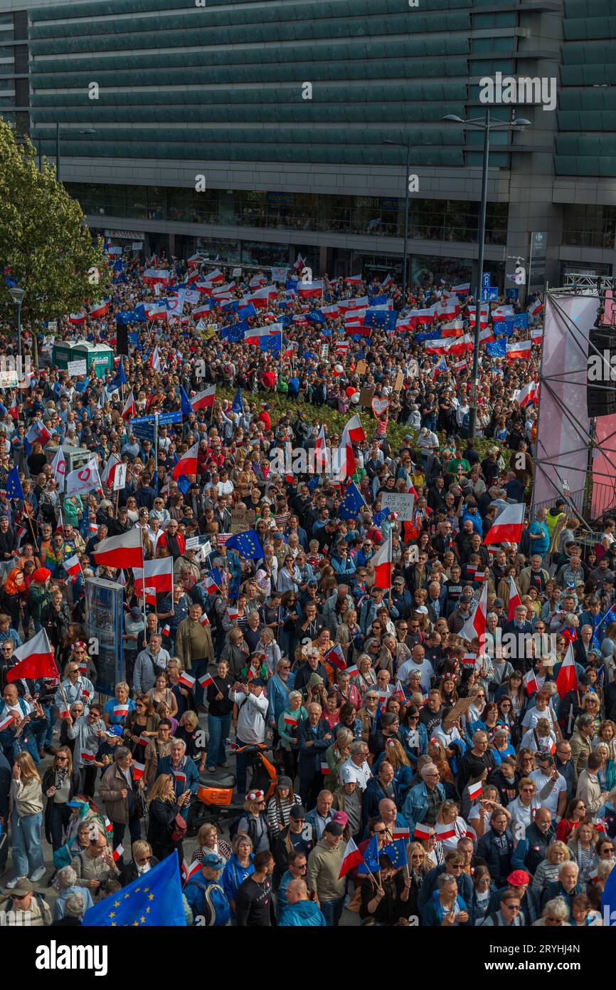 Warszawa, Poland - 1.10.2023: Crowd of people with Polish flags at a ...