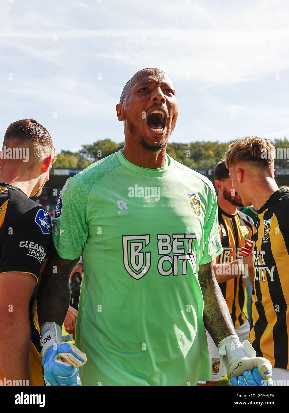 NIJMEGEN - Vitesse goalkeeper Eloy Room celebrates the victory during ...