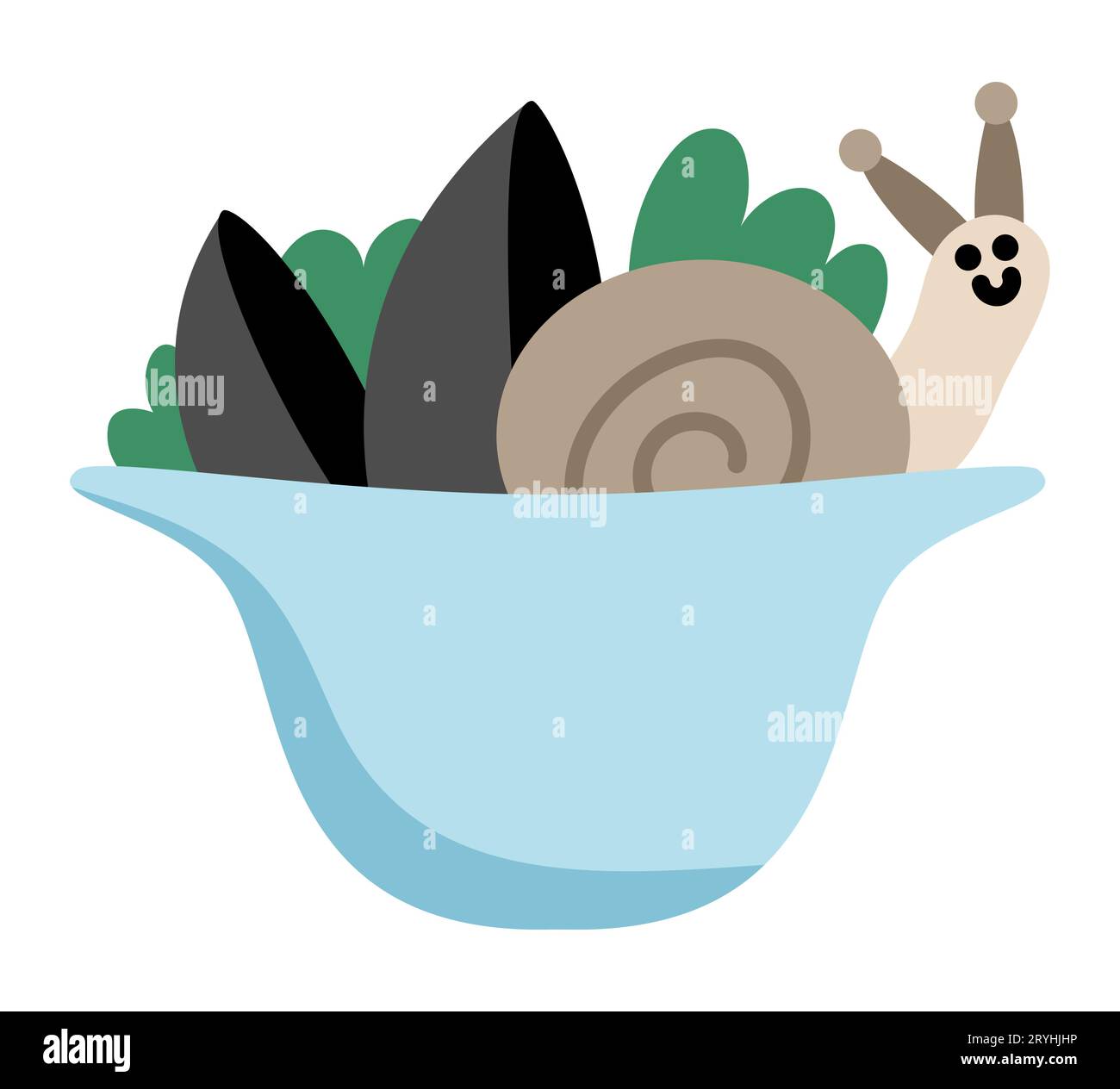 Vector smiling snail and oysters in a plate. French traditional ...