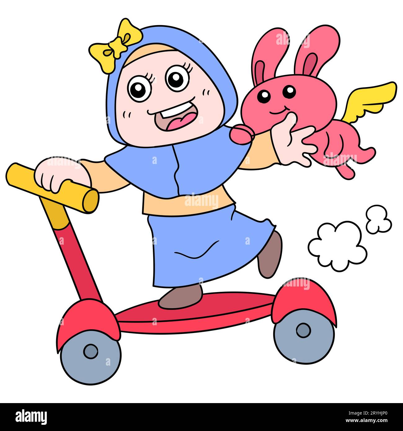 cute girl playing riding a scooter with her pet rabbit, vector ...