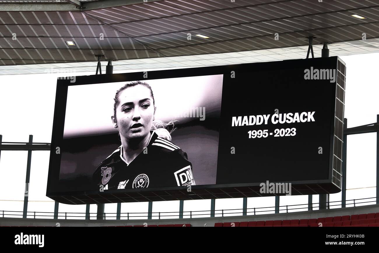 A tribute to Sheffield UNited player Maddy Cusack is shown on the big ...