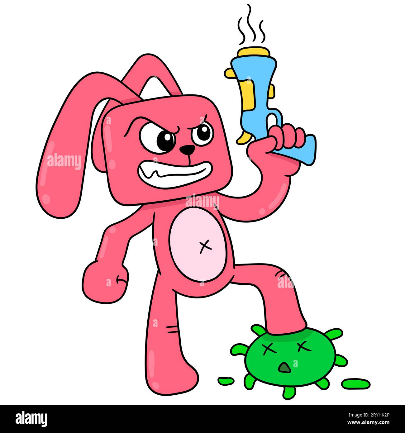 angry faced rabbit carrying a gun against the corona virus, vector ...