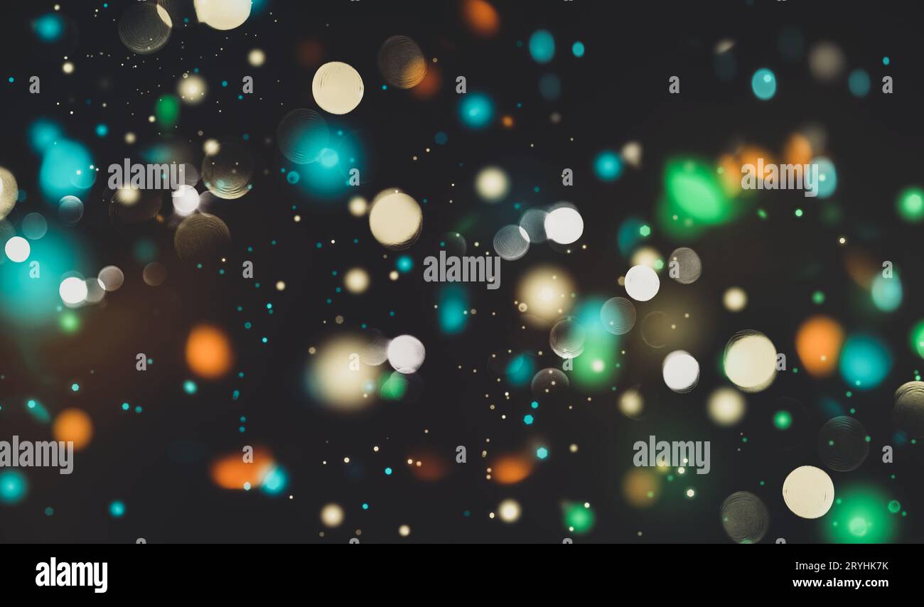 Flying particles on black background, bokeh texture, blurred festive ...