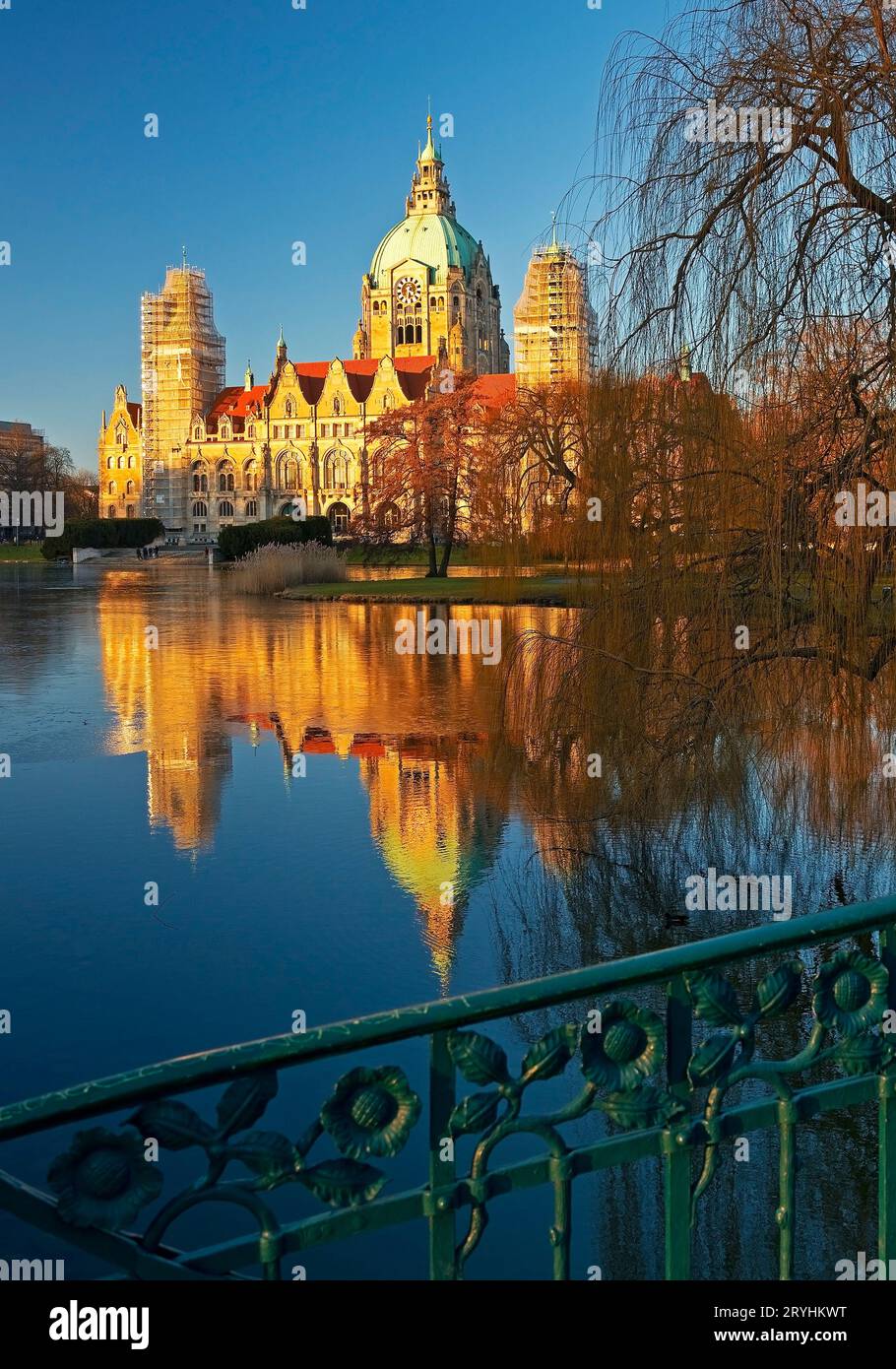 New Town Hall with the listed Maschpark Bruecke and the Maschteich ...