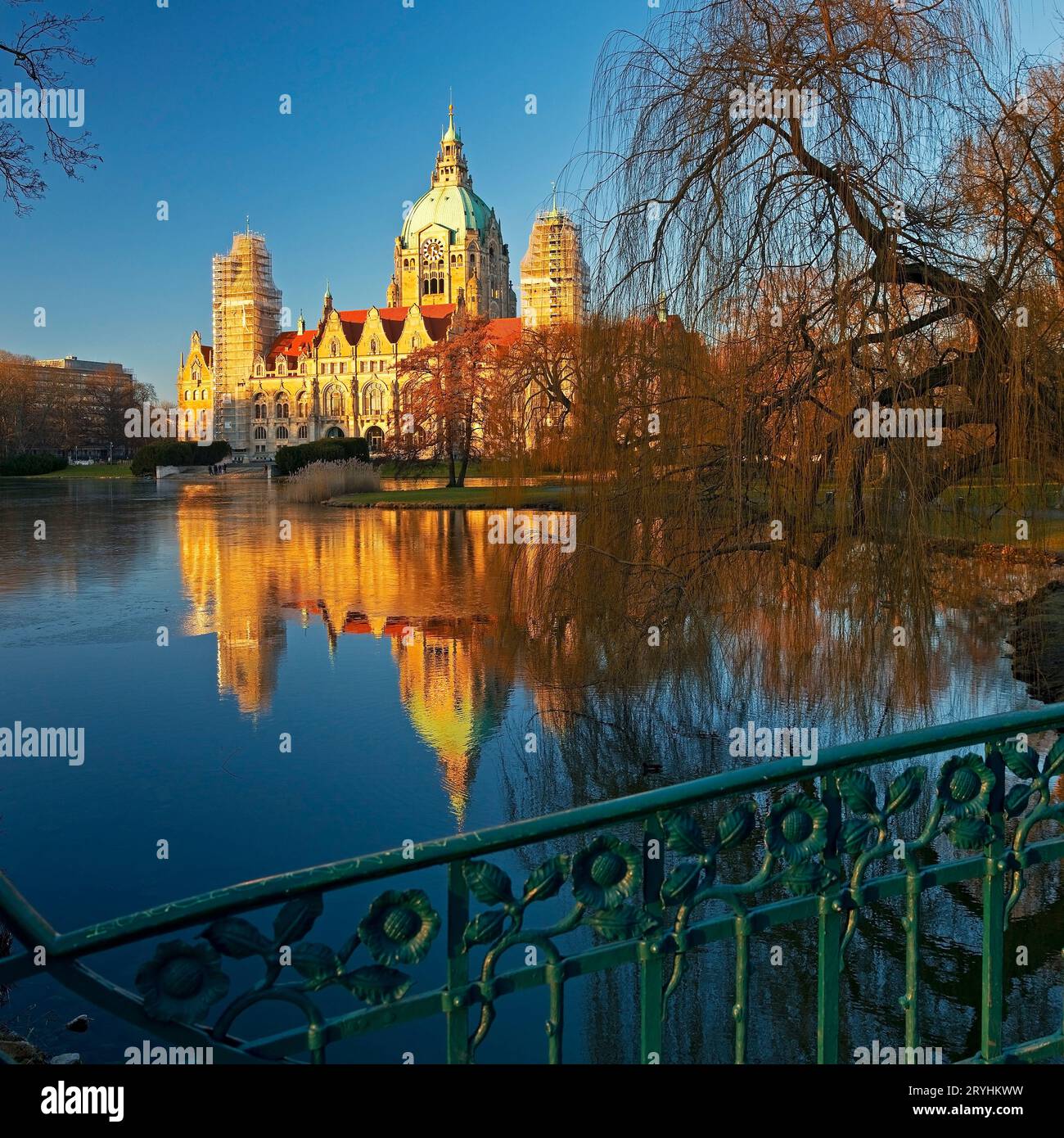 New Town Hall with the listed Maschpark Bruecke and the Maschteich ...