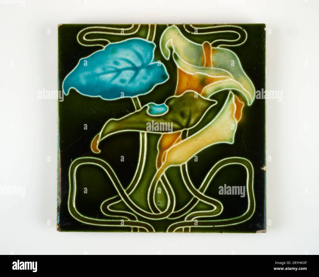 Antique 1900s Art Nouveau Richards arum lily flower pottery tile Stock ...