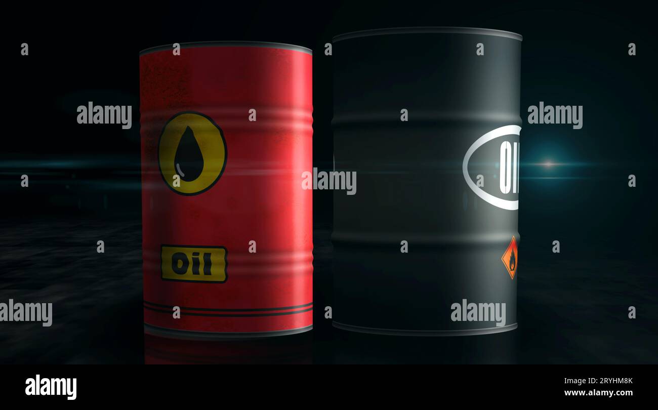Oil crude brent petroleum fuel barrels in row concept. Petrol business ...