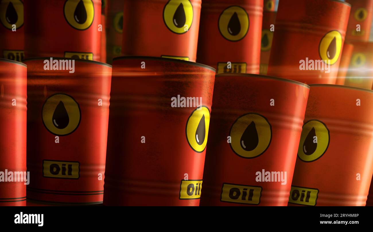 Oil crude brent petroleum fuel barrels in row concept. Petrol business ...