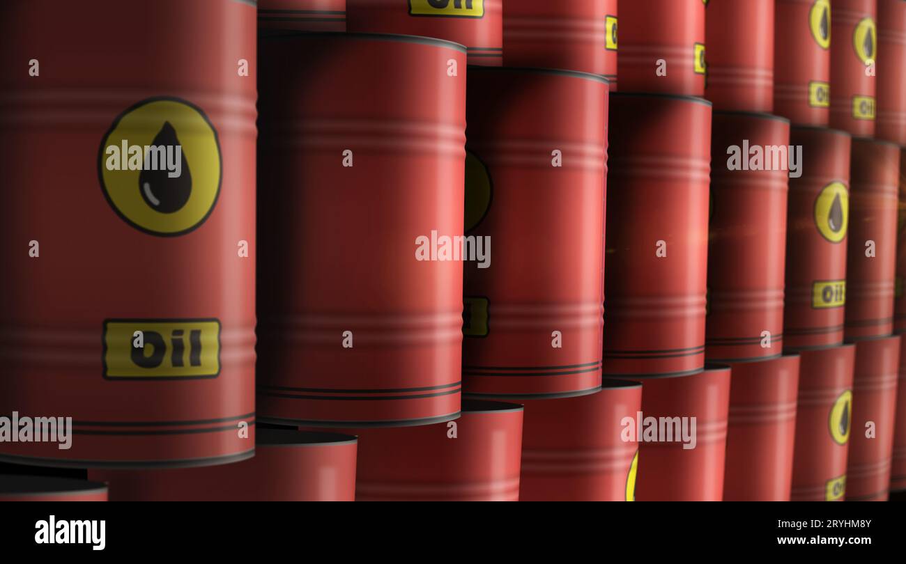 Oil crude brent petroleum fuel barrels in row concept. Petrol business ...