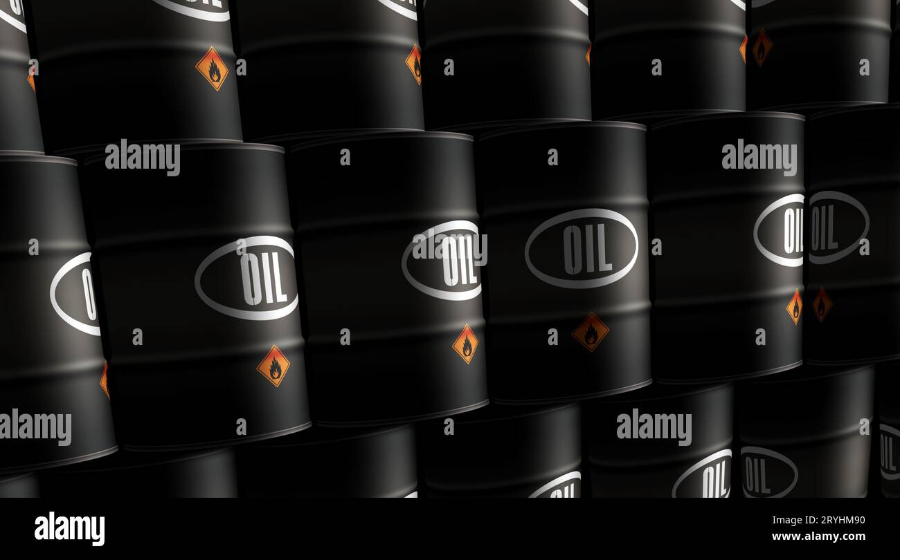 Oil crude brent petroleum fuel barrels in row concept. Petrol business ...
