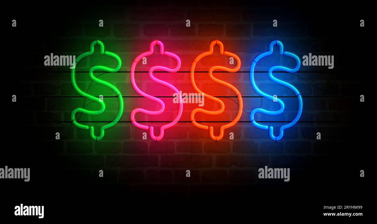 Dollar neon symbol. USD money success light color bulbs. Abstract ...