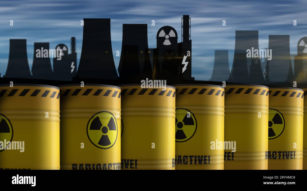 Nuclear radioactive waste barrels in row concept. Danger radiation ...