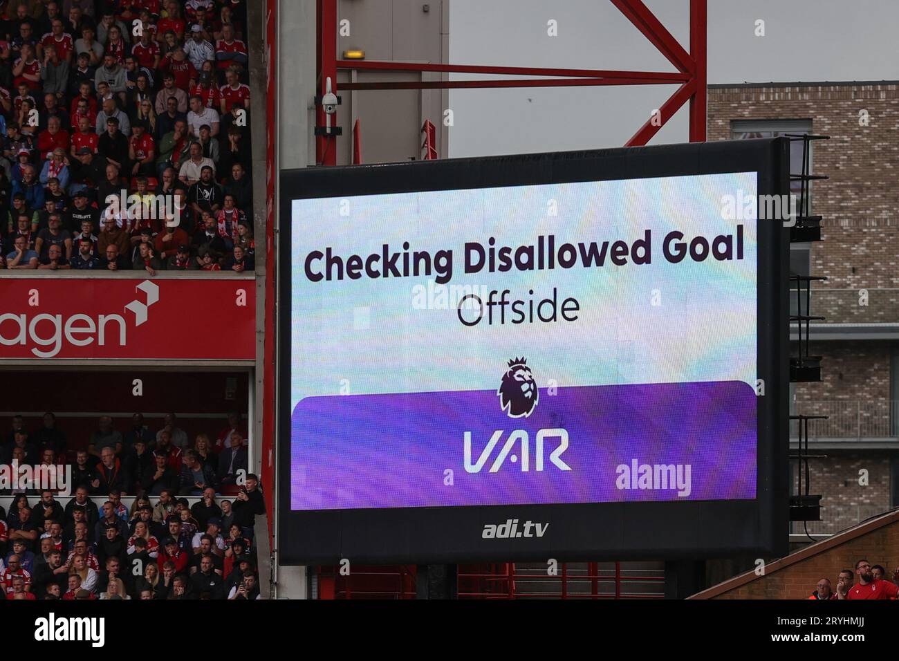 The big screen shows the VAR screen during the Premier League match Nottingham Forest vs ...