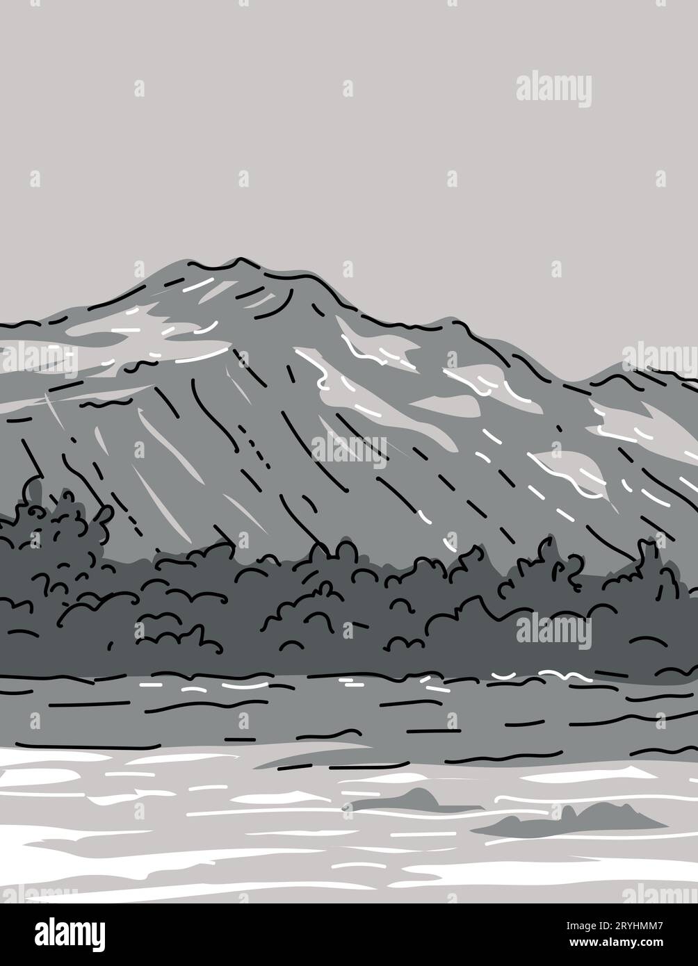 Katmai National Park and Preserve in Alaska Monoline Line Art Grayscale ...