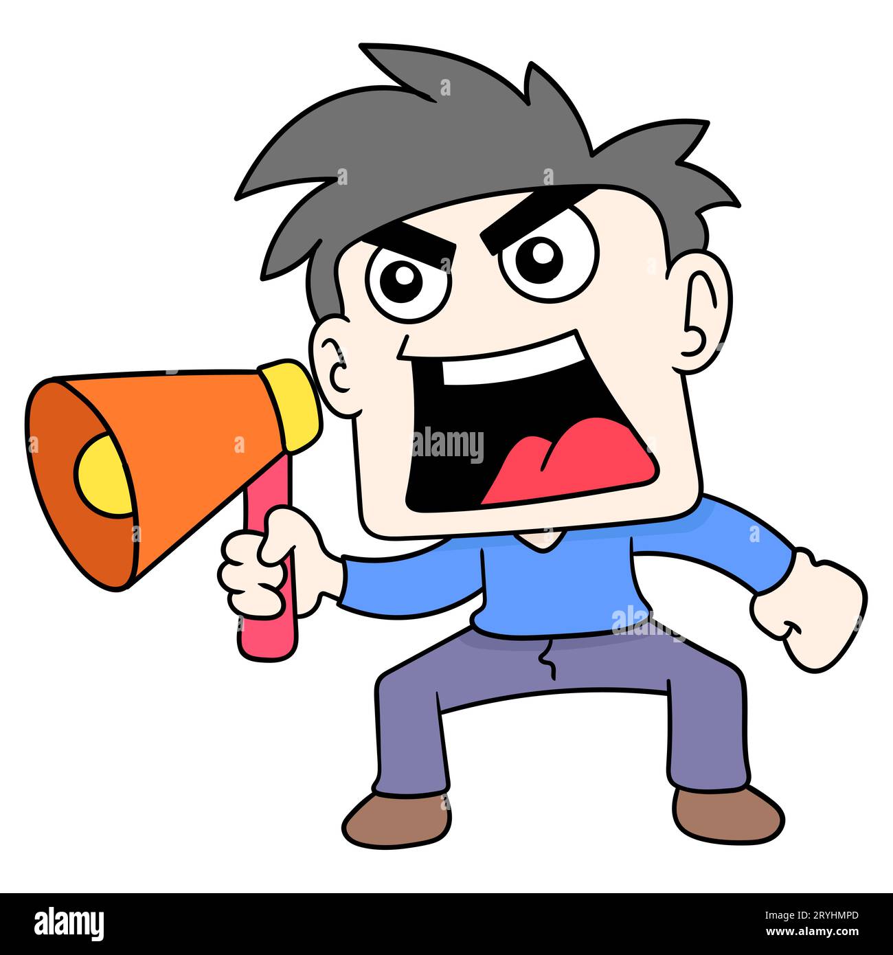 boy carrying a megaphone shouting an announcement, vector illustration ...