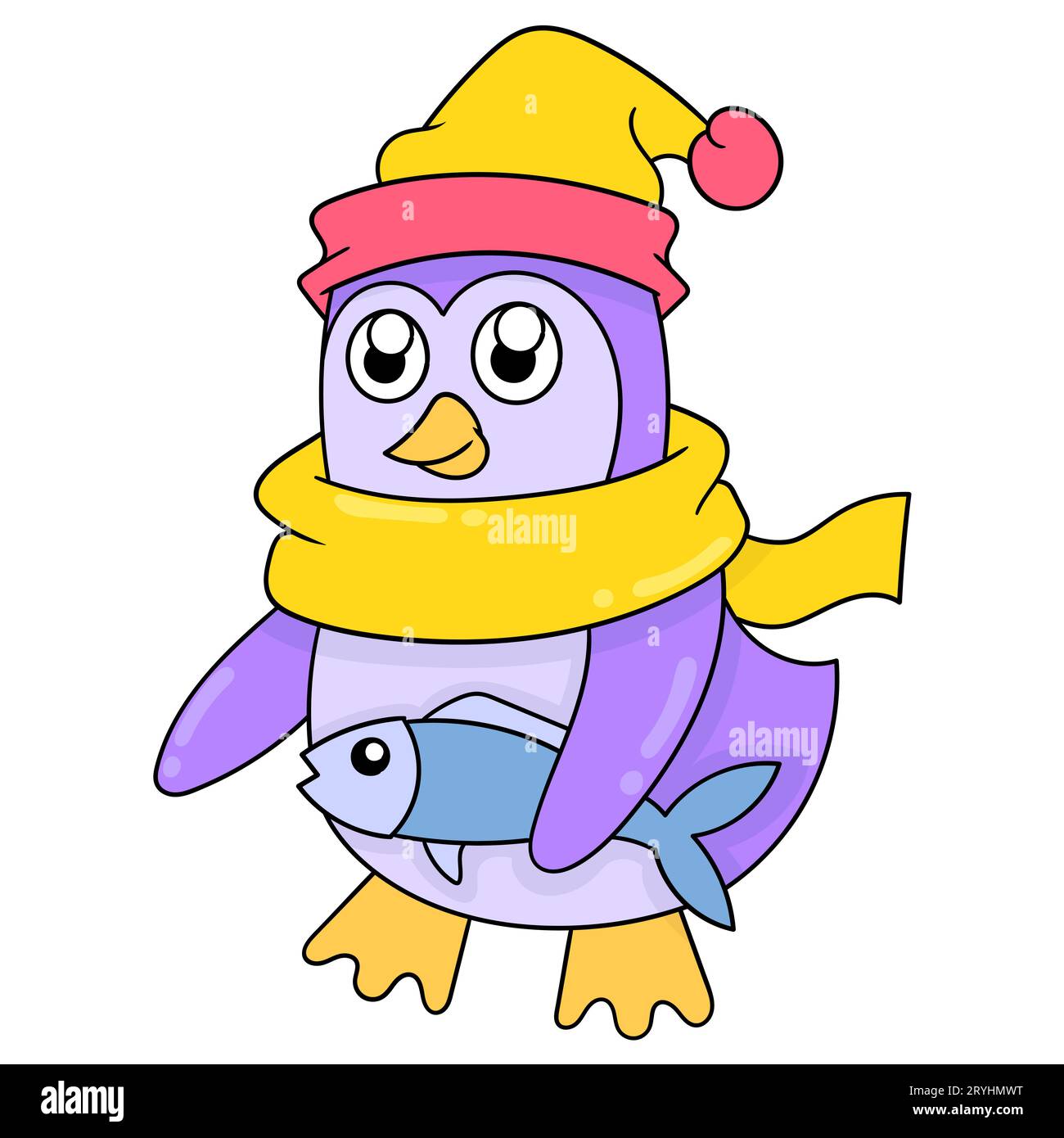 penguin in winter wearing scarf and hat bringing fish for hibernation ...