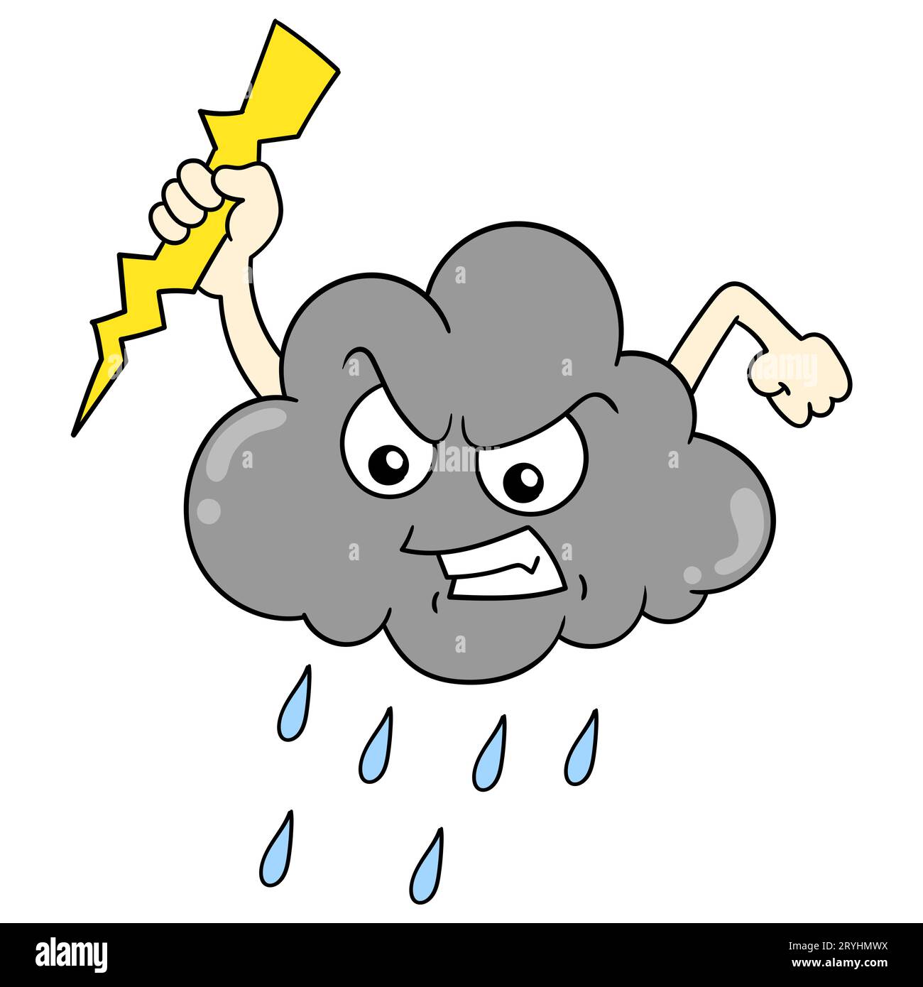 Evil cloud holding lightning and heavy rain, vector illustration art ...
