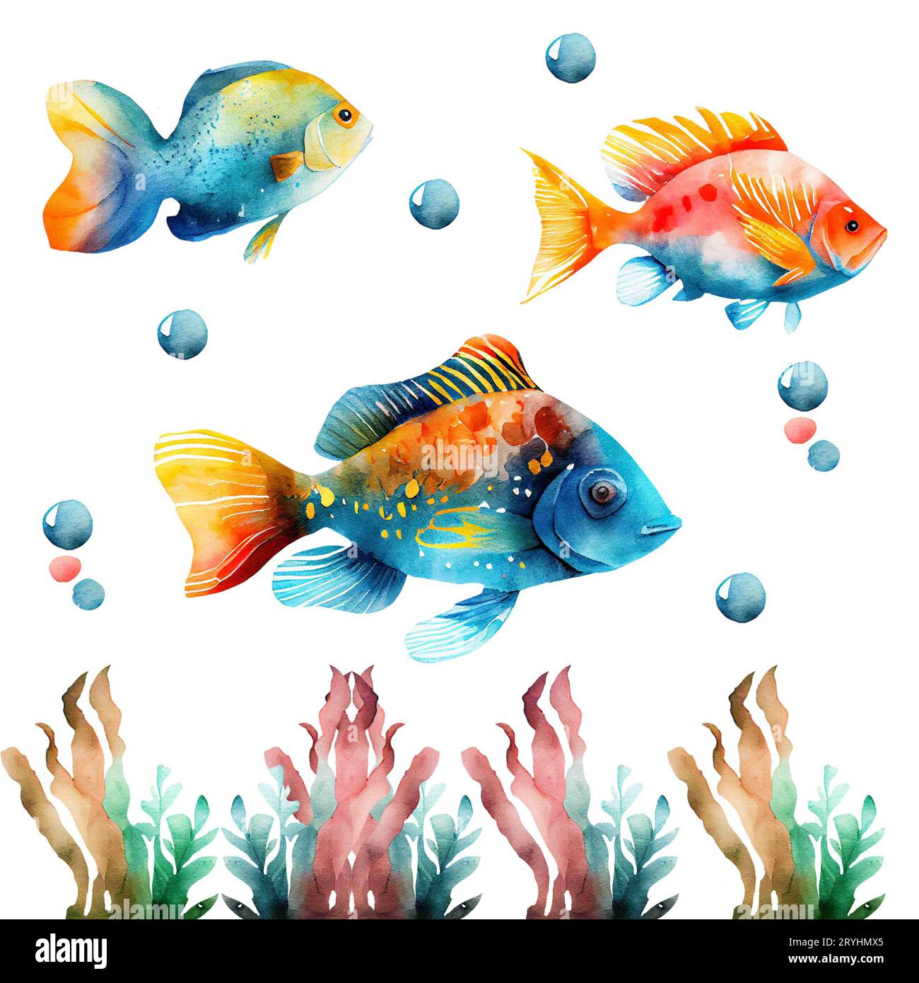 Watercolor fishes set . Flame angelfish, Copperband Butterflyfish ...