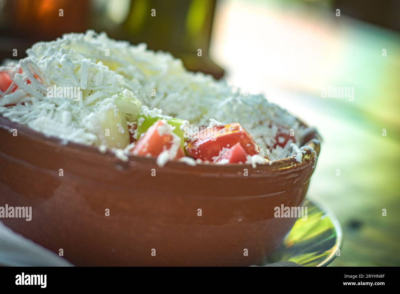 Salad with tomato and cucumber (sopska salata) Vinica, Macedonia Stock ...