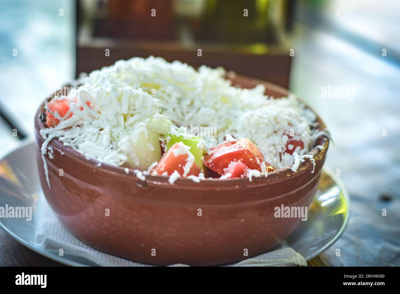 Salad with tomato and cucumber (sopska salata) Vinica, Macedonia Stock ...