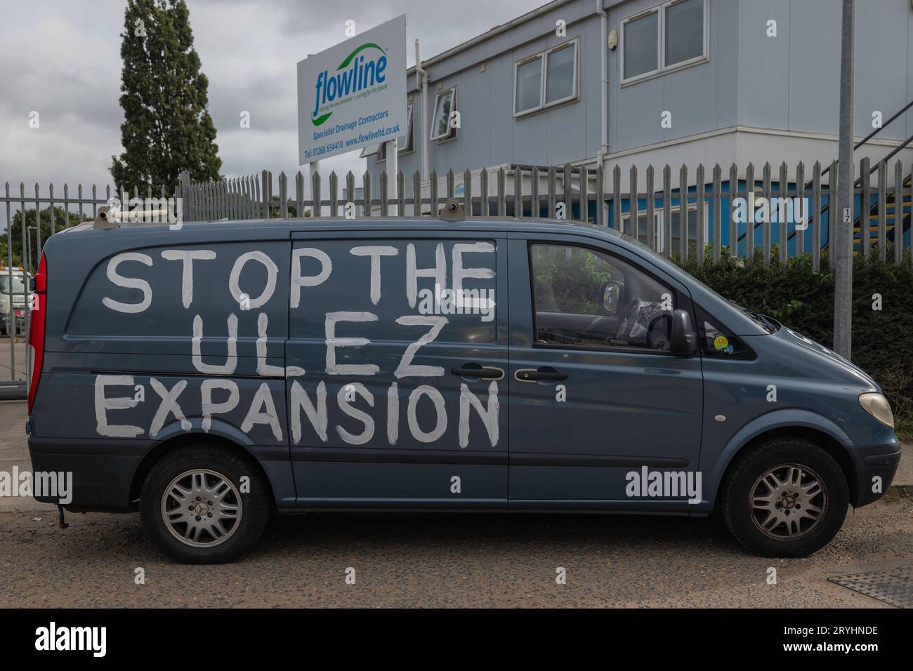 Van with Stop the ULEZ expansion on the side. Rayleigh, Essex. Ultra ...