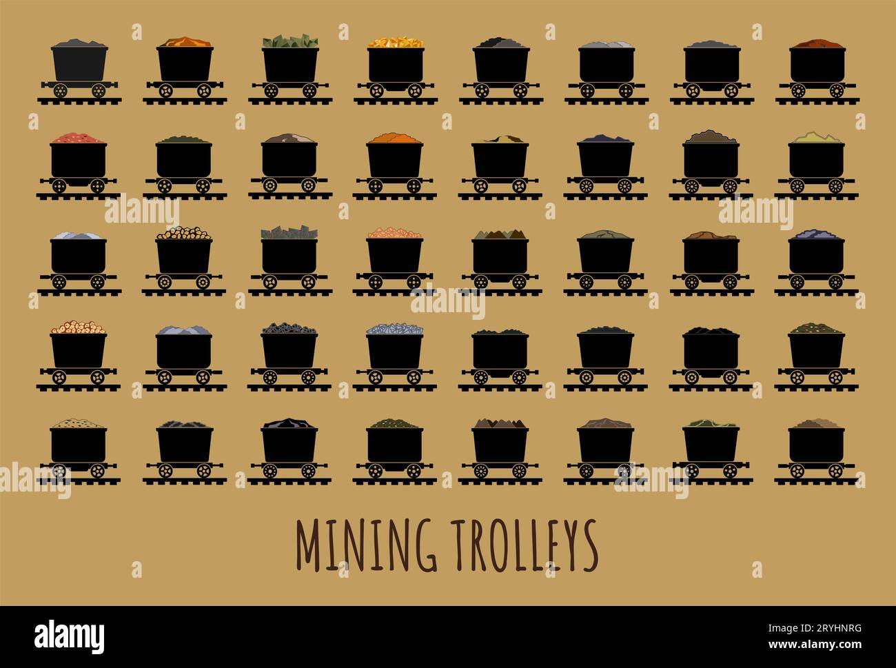 Set of vector illustrations of mining carts with different types of ore ...
