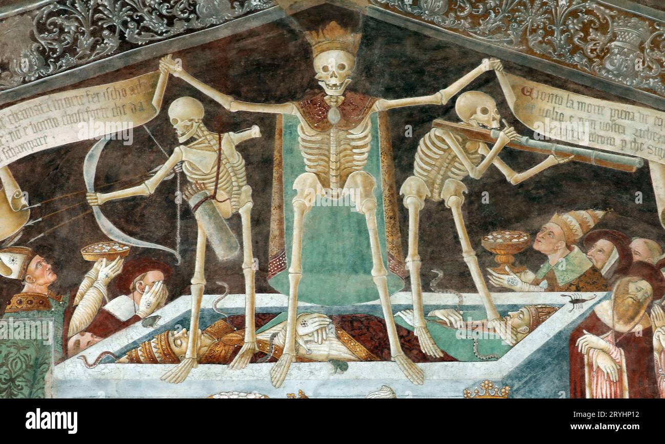 Detail of the triumph of death, medieval fresco in Clusone, Italy Stock ...