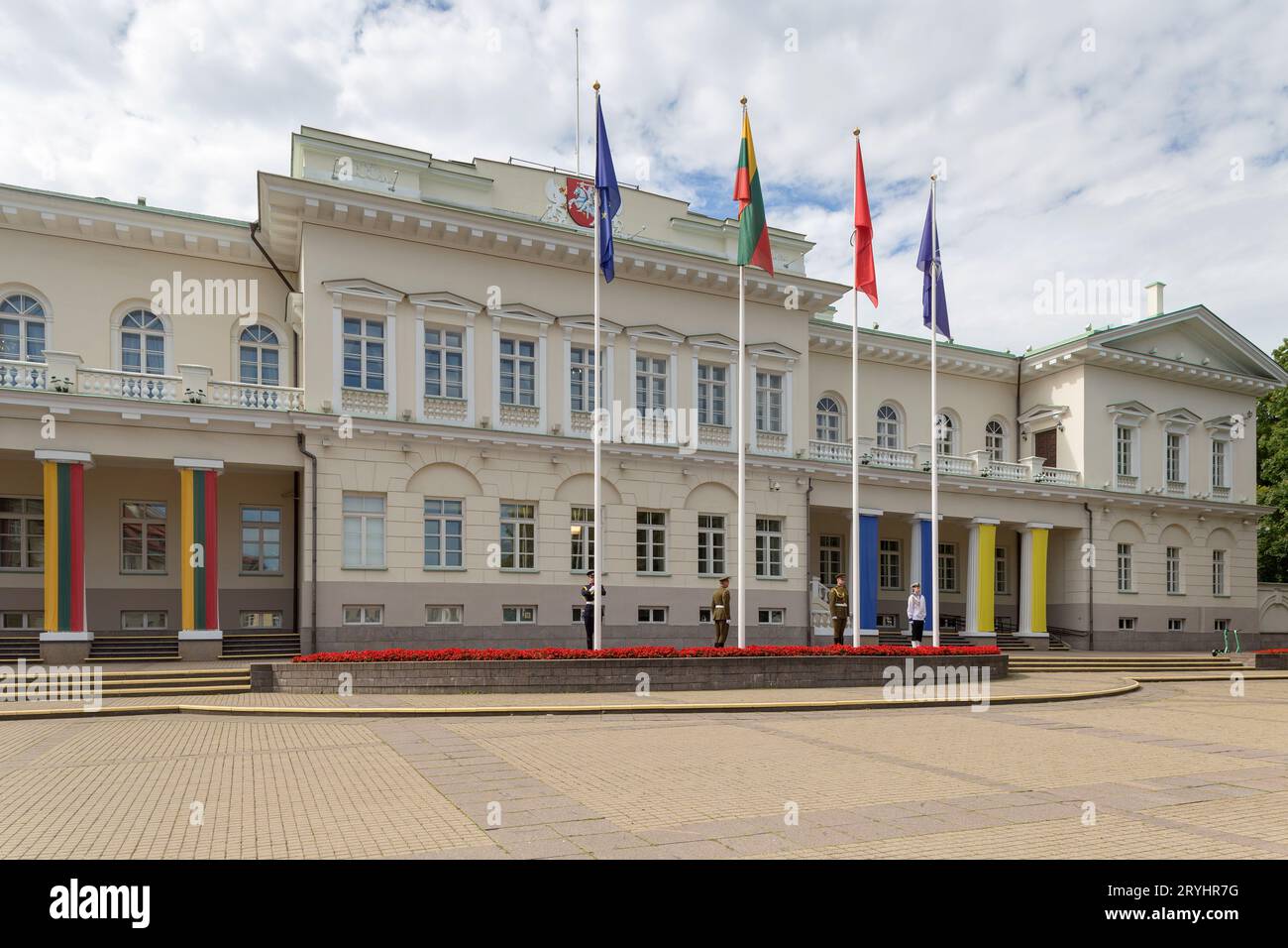 Vilnius, Lithuania AUGUST 13, 2023. Presidential Palace. Masts with ...