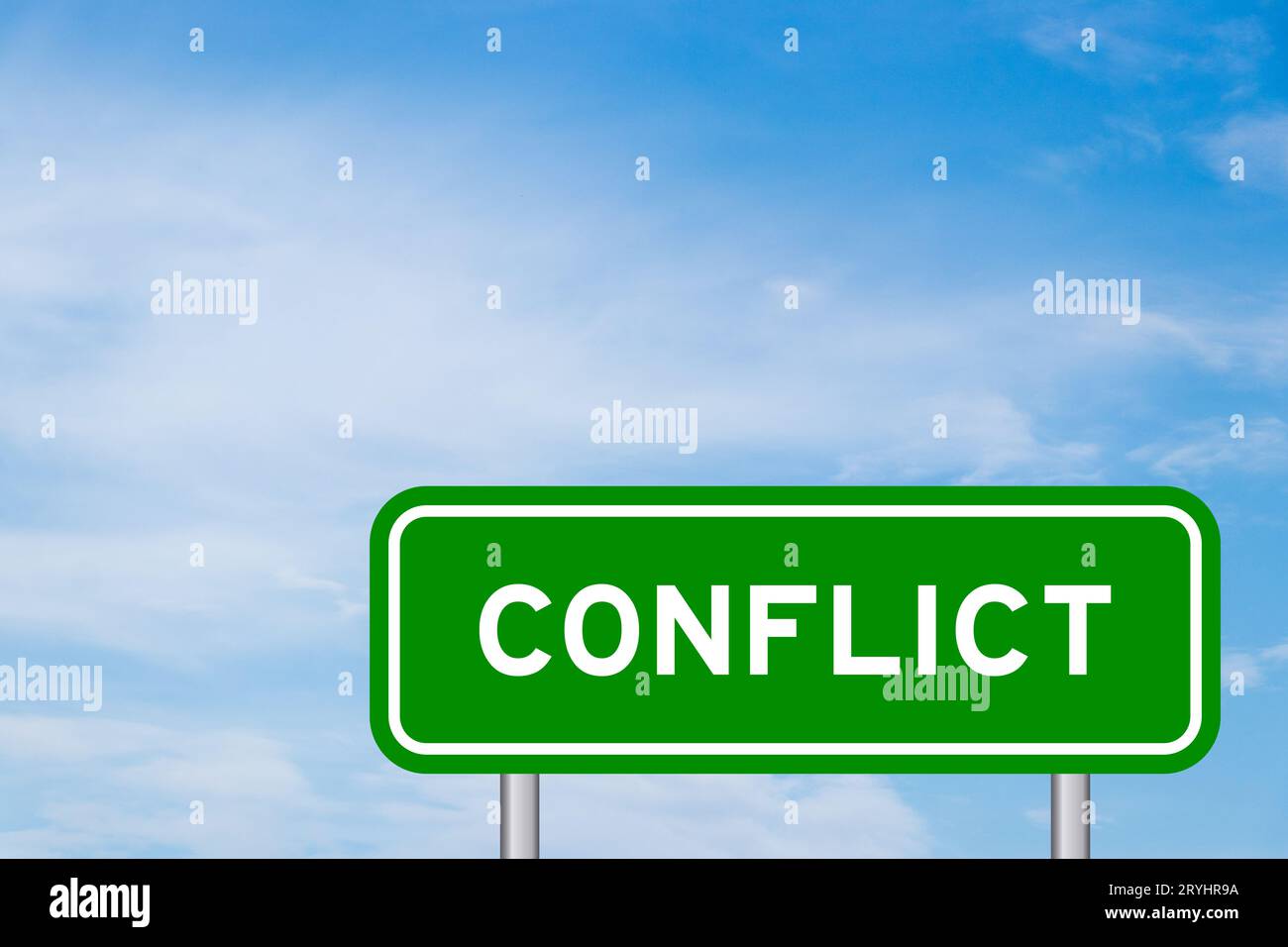 Green color transportation sign with word conflict on blue sky with ...